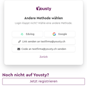 Alternative Login-Methoden bei Yousty